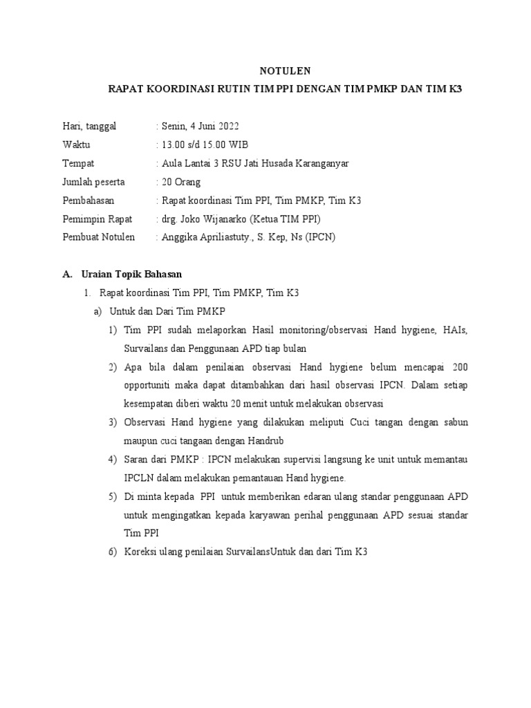 Notulen Rapat JUNI 2022. UNTUK PMKP K3 PPI 5 (A) (C) PPI 12 (B) | PDF