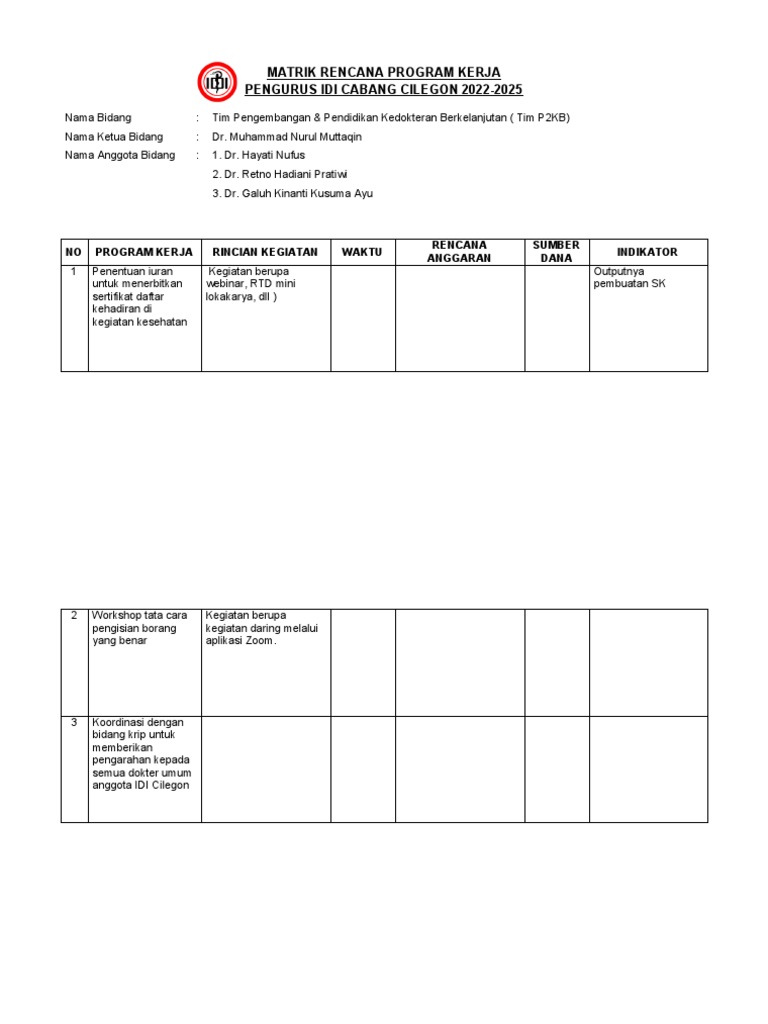 Matrik Rencana Program Kerja Pengurus Idi Cabang | PDF