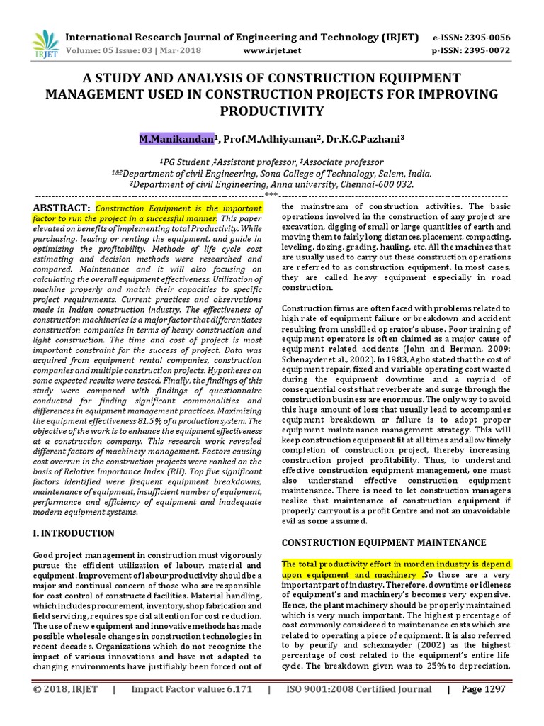 A Study and Analysis of Construction Equipment | PDF | Spss | Factor ...