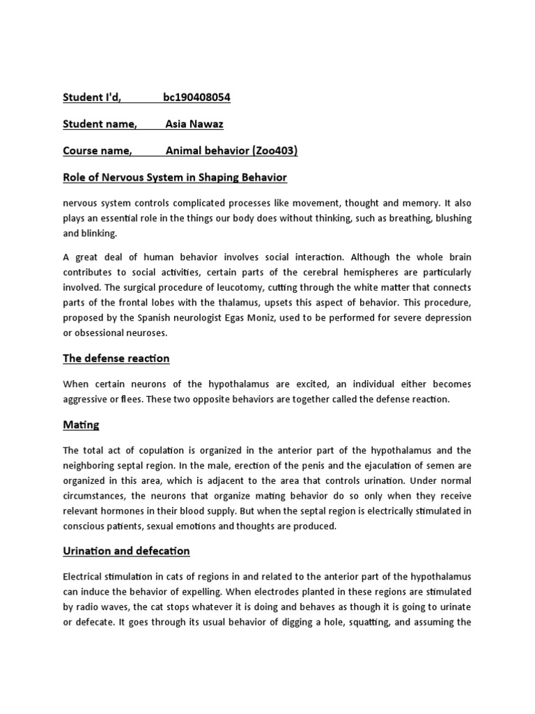 Role of the Nervous System in Shaping Animal Behavior | PDF | Brain ...