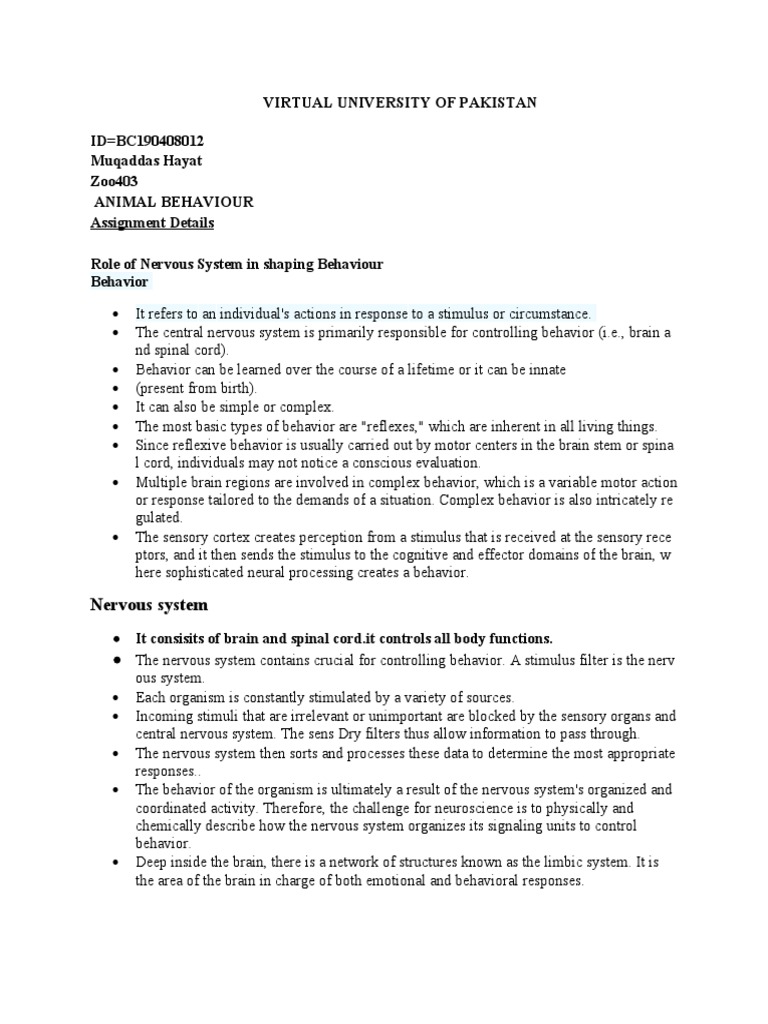 Role of nervous system in shaping animal behaviour | PDF | Nervous ...