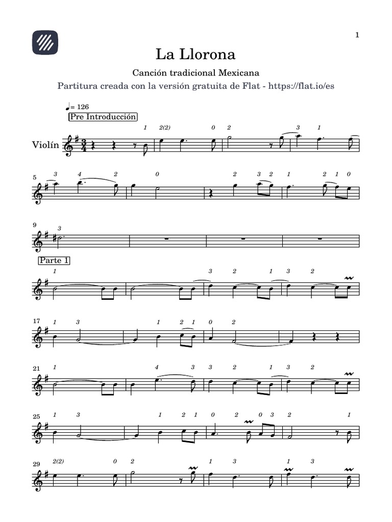 Partitura de "La Llorona" para Violín | PDF