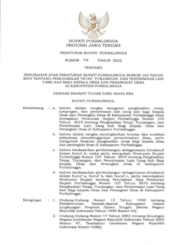 Perbub No 102 Tahun 2022 Siltap Desa | PDF