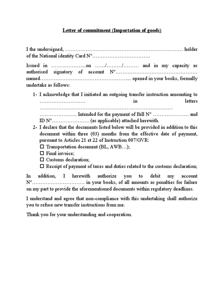 Letter of Commitment - Import of Goods | PDF