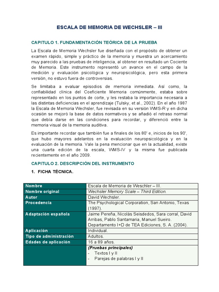 Escala de Memoria de Wechsler Iii | PDF | Memoria | Escala de ...