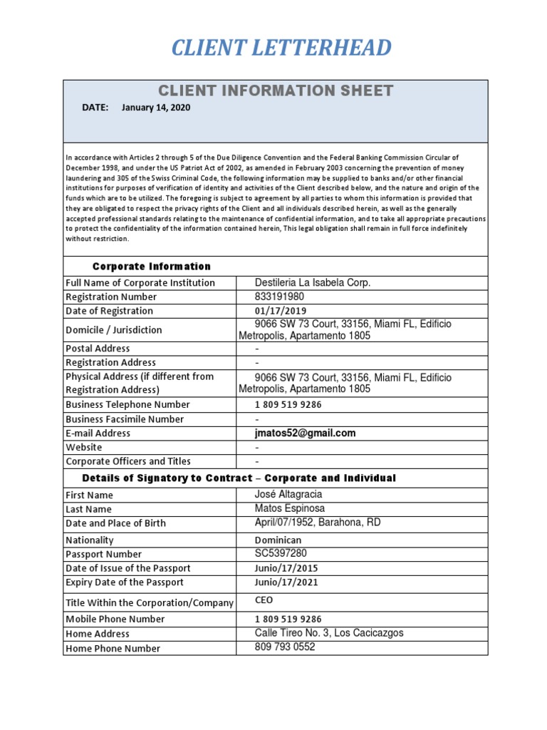 Client Information Sheet 2020 | PDF | Money Laundering | Government