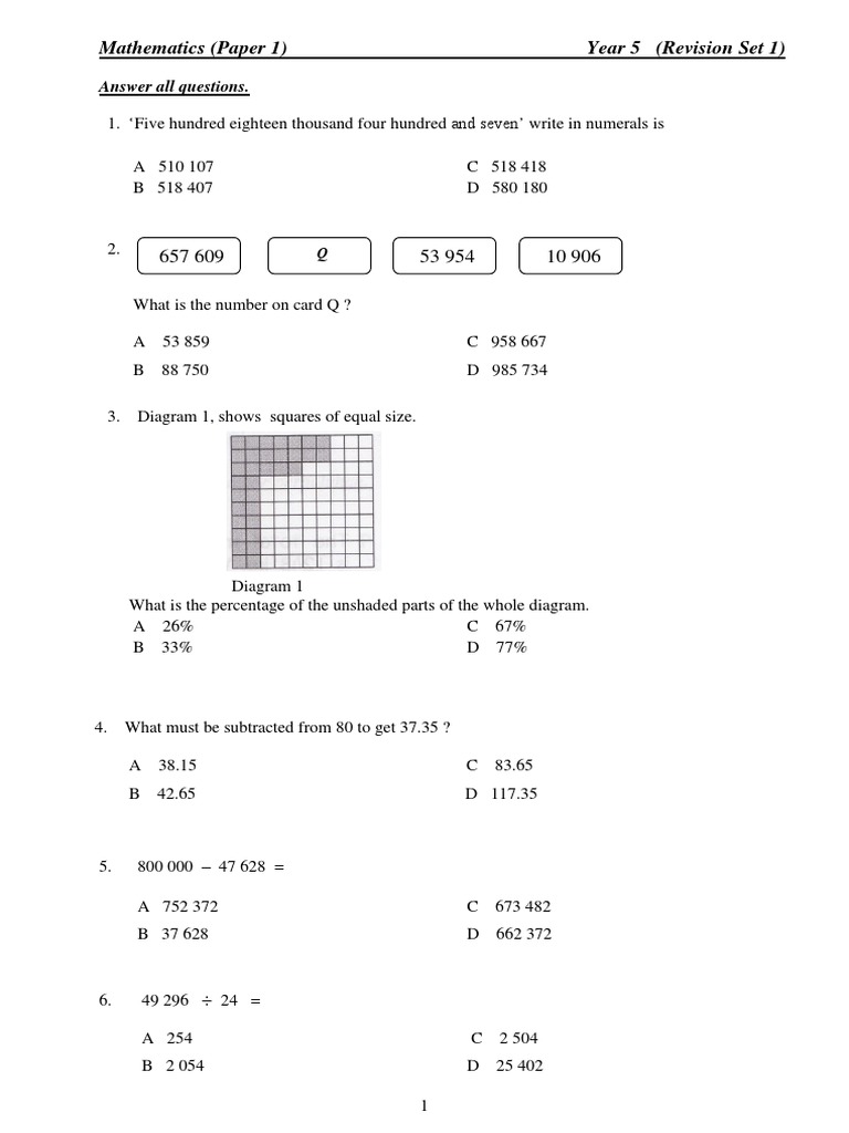 Mathematics Year 5 - Revision (Set 1) | PDF | Elementary Mathematics ...