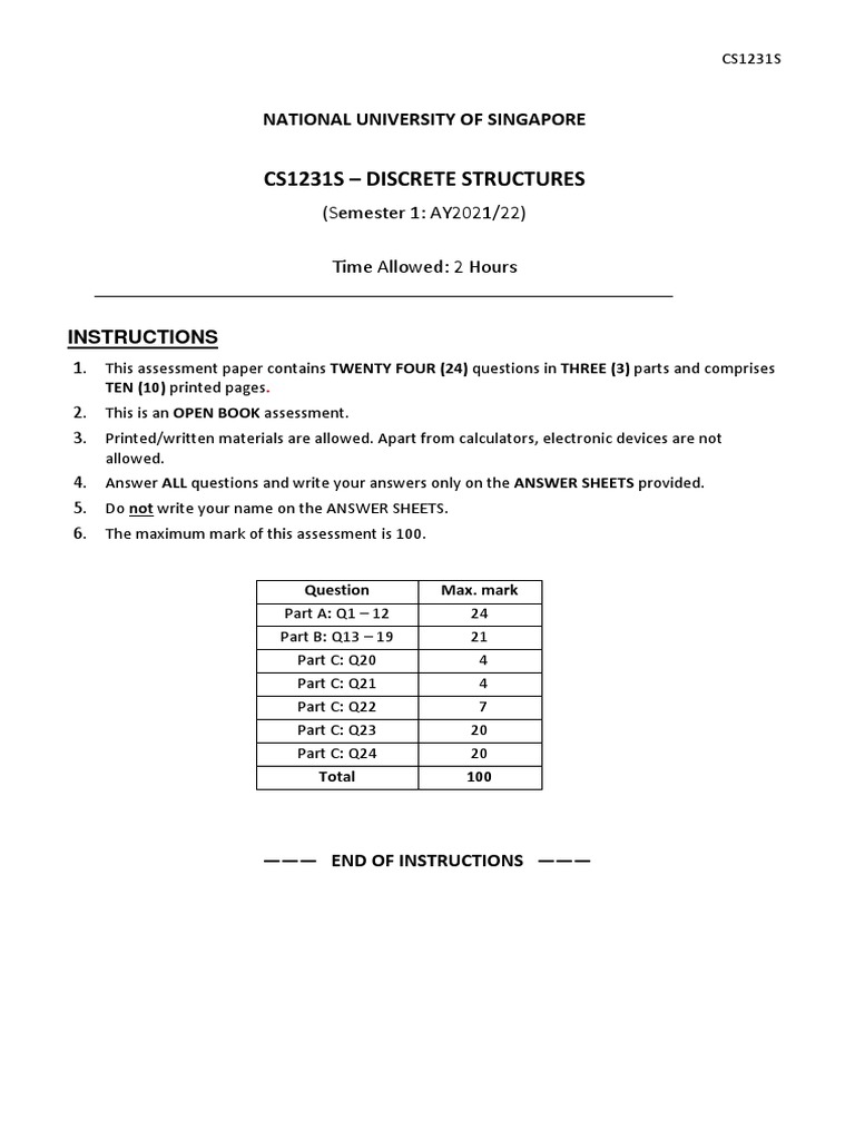 cs1231s Exam21s1 Qns | Download Free PDF | Function (Mathematics) | Vertex (Graph Theory)