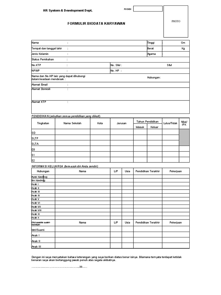 Formulir Biodata Karyawan | PDF