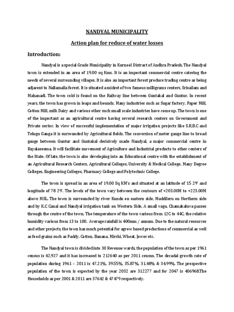 Nandyal Municipality - Action Plan For Reduce of Water Losses | PDF ...