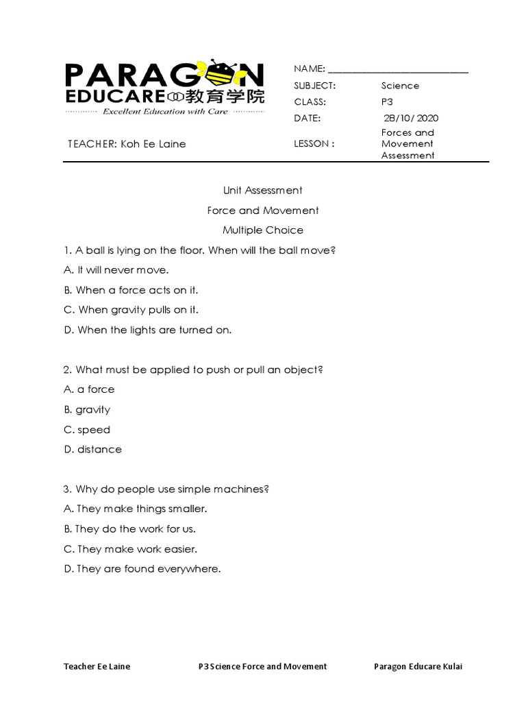 P3 Science Force and Movement Assessment | PDF | Force | Team Sports