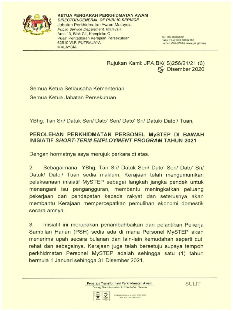 Pekeliling - Surat Edaran Short-Term Employment Program (Step) 2021 | PDF