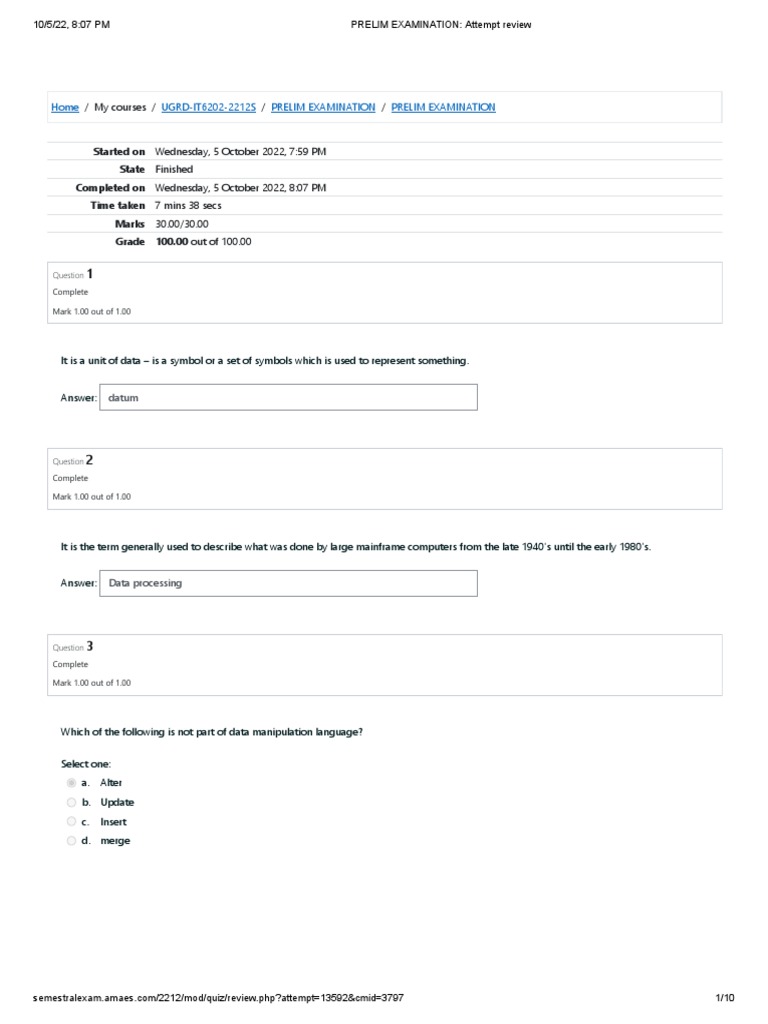 PRELIM EXAMINATION - Database Management System 1 | PDF | Databases | Table (Database)