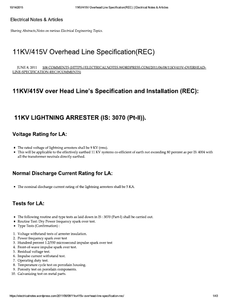 11KV - 415V Overhead Line Specification (REC) - Electrical Notes ...