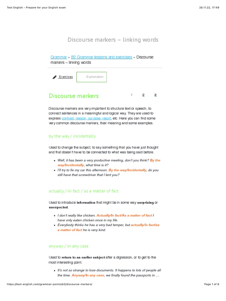 Grammar B2 Grammar Lessons and Exercises Discourse Markers - Linking Words Exercises Explanation ...