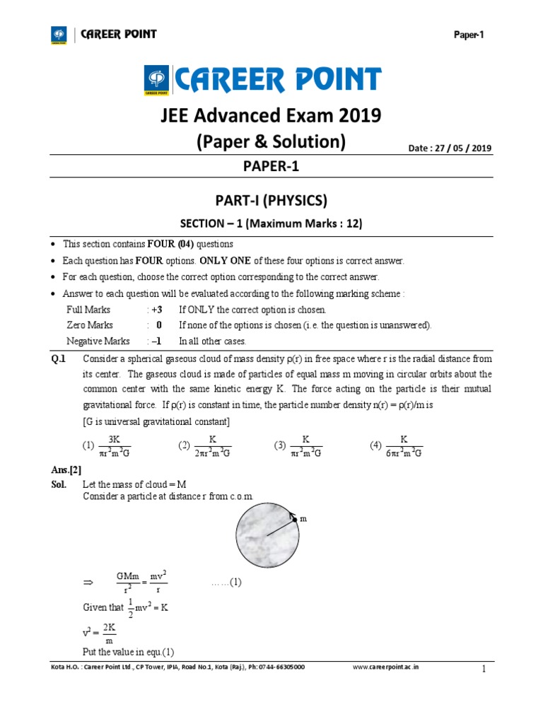 JEE-Advanced-Paper-1-physics-solution 2019 | PDF | Physical Sciences | Physical Chemistry