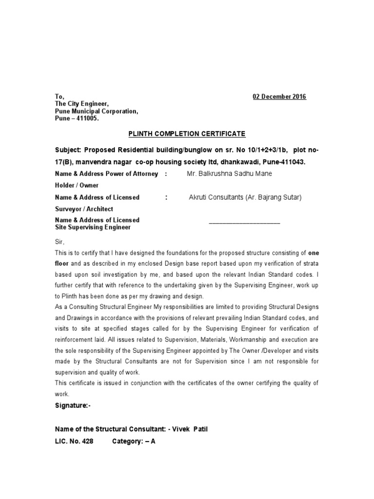Plinth Completion Certificate for Pune Bungalow | PDF | Art