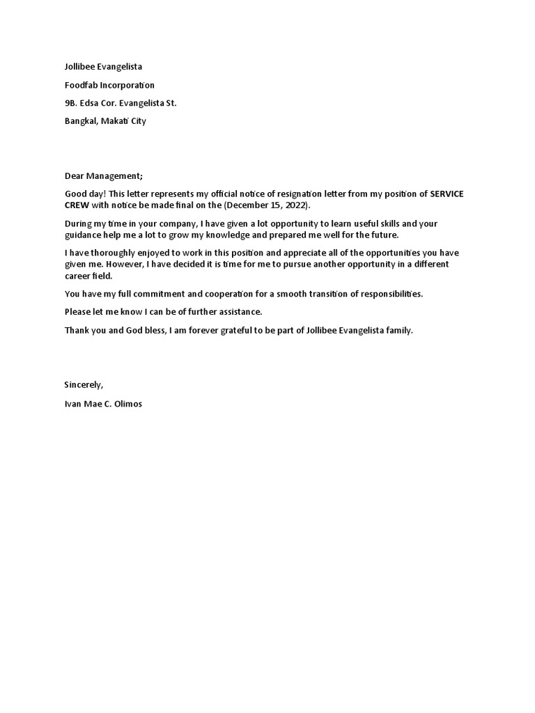 Resignation Letter | PDF