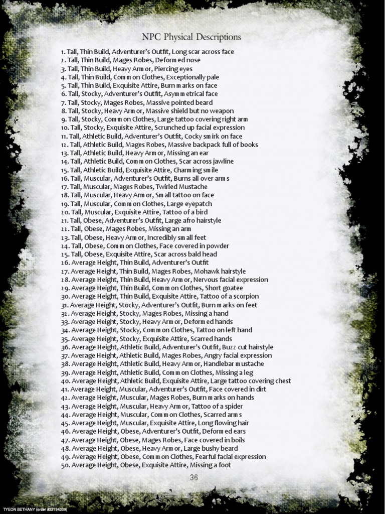 NPC Physical Descriptions | PDF | Human Anatomy | Hair