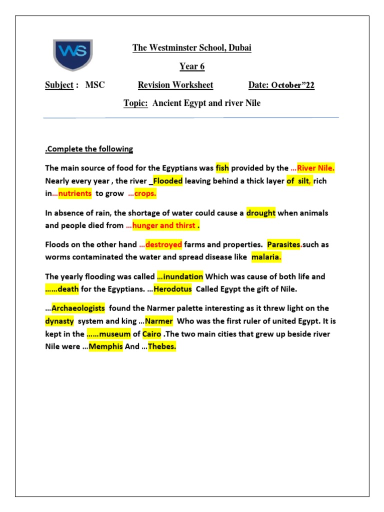 Ancient Egypt and the Nile: Year 6 Revision | PDF