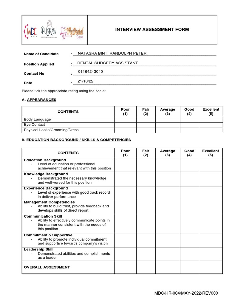Interview Assessment Form - NATASHA | PDF | Leadership | Experience