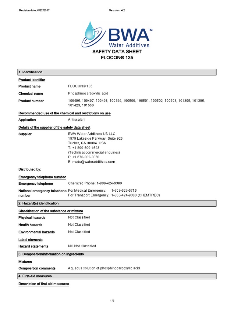 FLOCON-135 Sds | PDF | Dangerous Goods | Toxicity