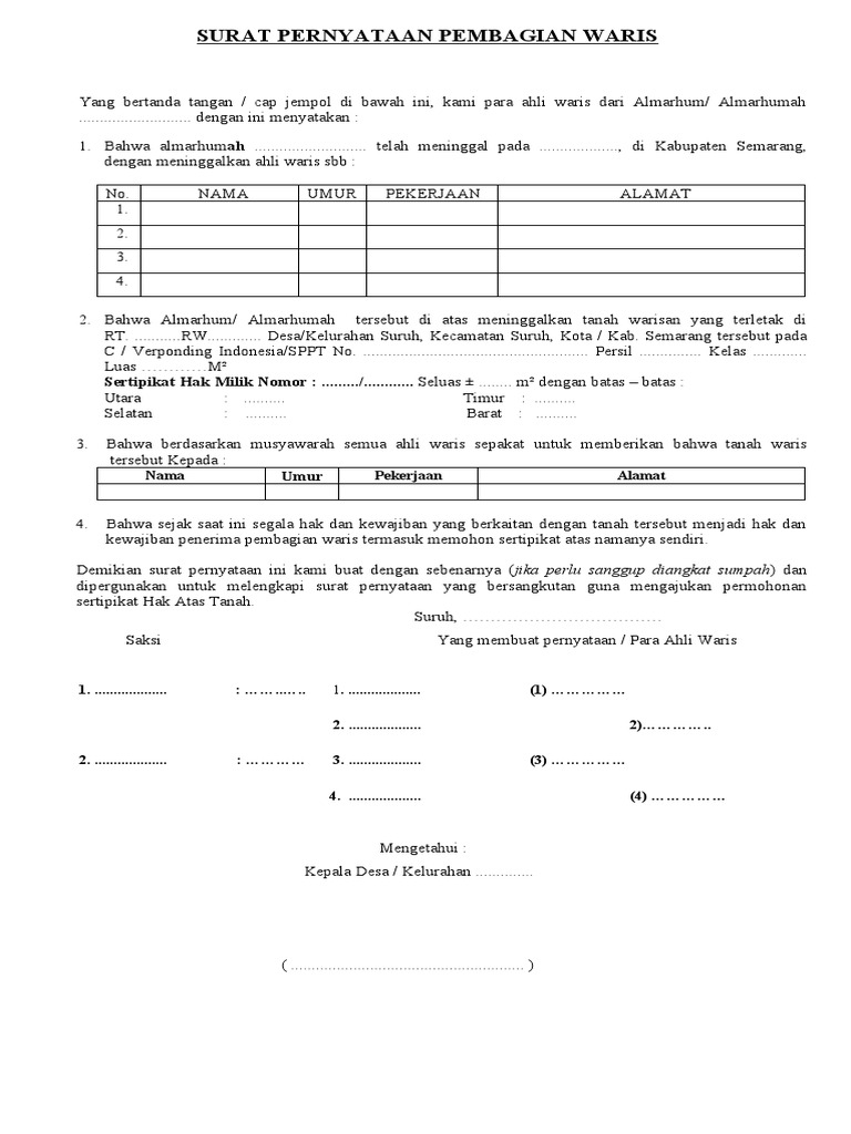 Surat Pernyataan Pembagian Waris | PDF