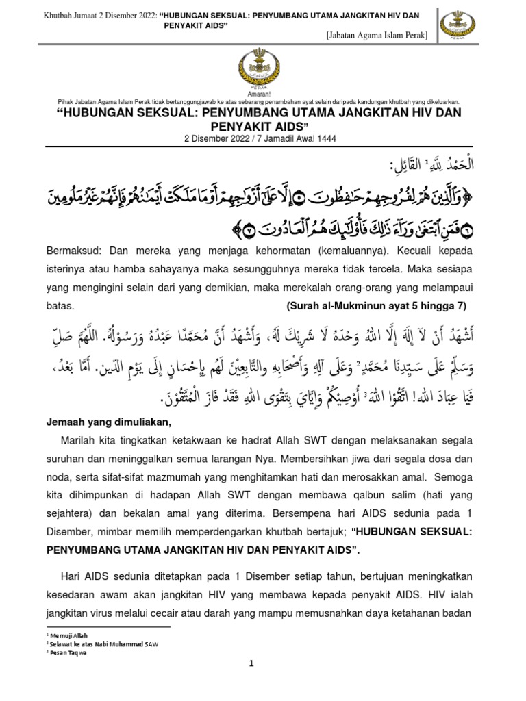Khutbah Jumaat 2 Disember 2022 - Hubungan Seksual Penyumbang Utama ...