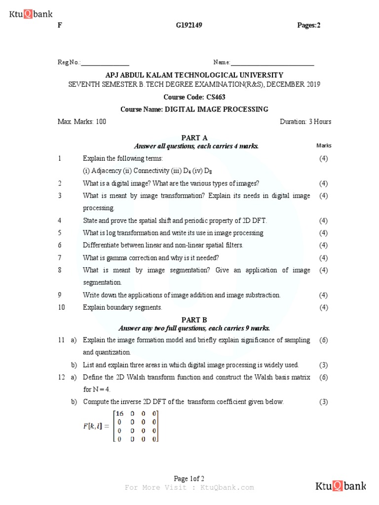Dec 2019 CS463 - Digital Image Processing (R&S) - Ktu Qbank | PDF ...