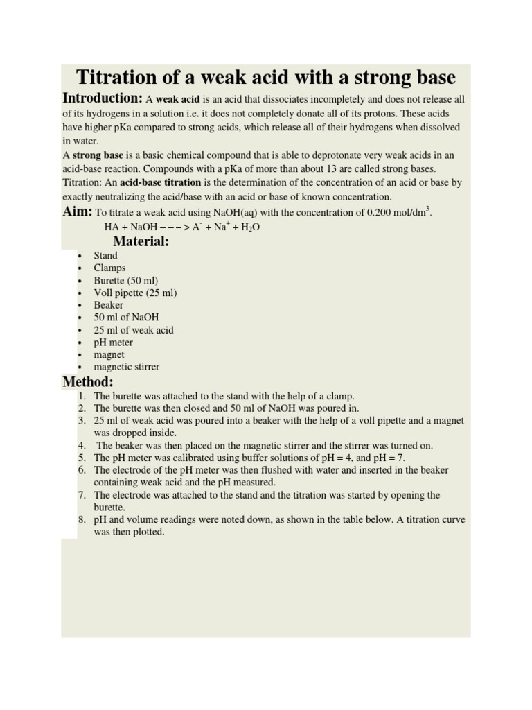 Titration of A Weak Acid With A Strong Base | PDF | Ph | Chemistry
