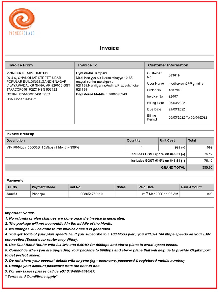 Internet Bill | PDF | Invoice | Computing