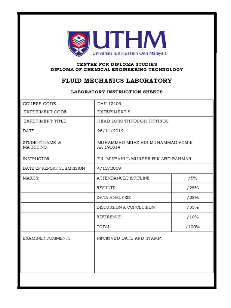 DAK 12403 - Exp 5 Head Loss Through Fittings | PDF | Pipe (Fluid ...