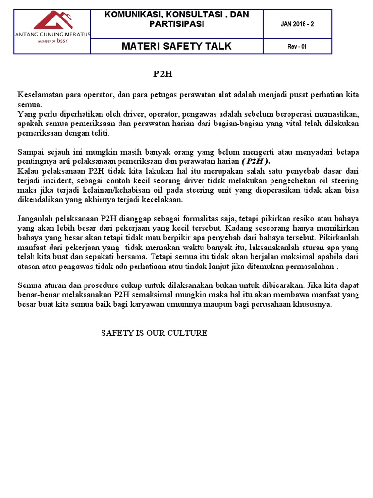 Materi Safety Talk p2h - Compress | PDF