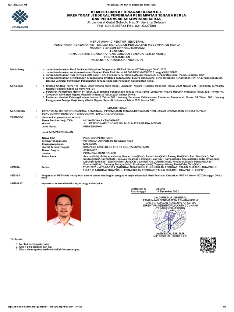 Pengesahan RPTKA Perpanjangan 501171605 | PDF