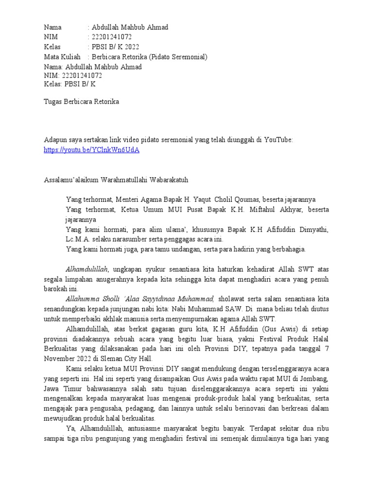 Pidato Seremonial - Abdullwh Mahbub Ahmad | PDF