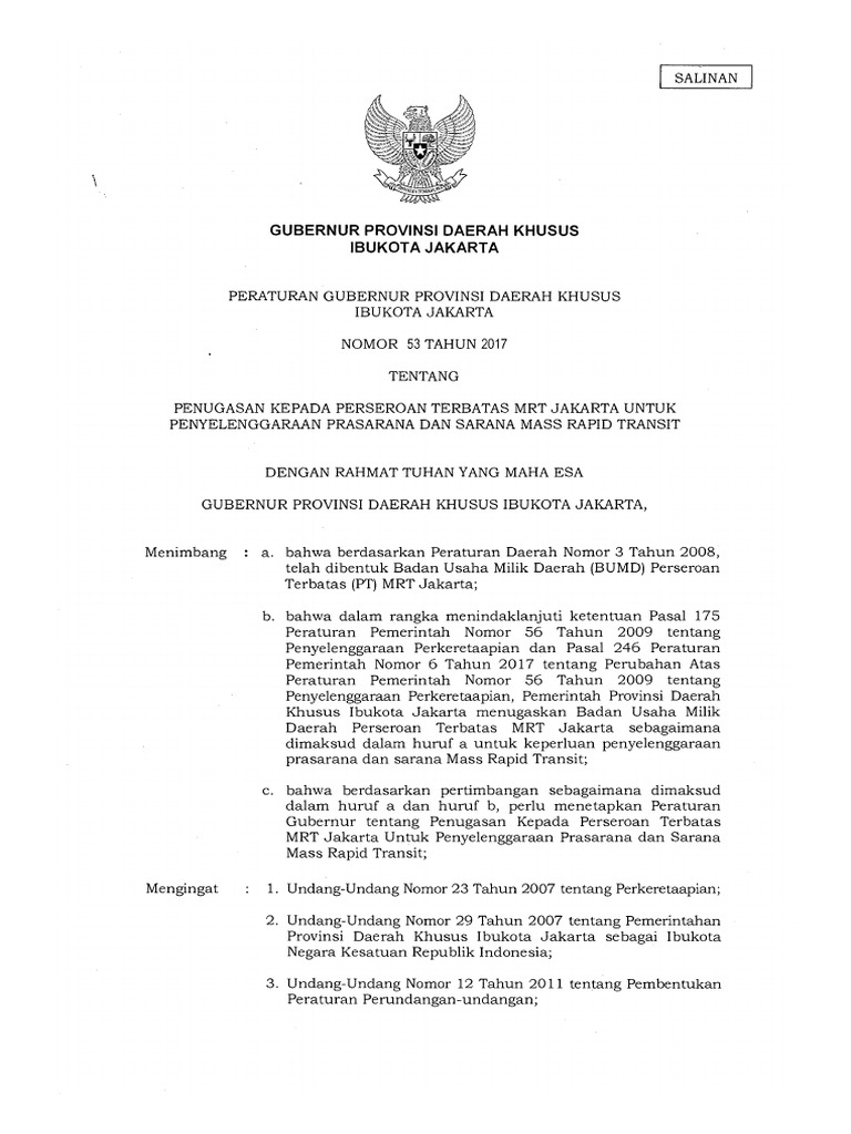 Pergub - 53 THN 2017 Penugasan MRT Jakarta | PDF