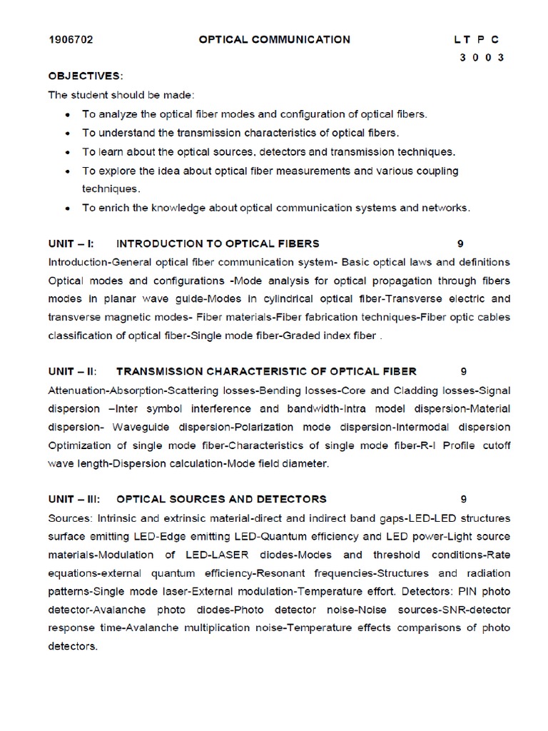 Optical Syllabus | PDF | Optical Fiber | Fiber Optic Communication
