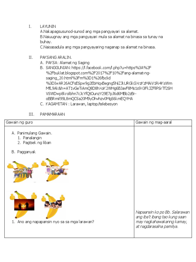 Lesson Plan Alamat-Ng-Saging-Pangkat-Tatlo | PDF