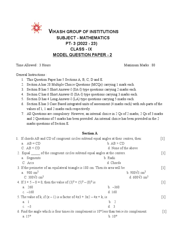 Class IX, Mathematics, Model Question Paper (PT - 3) | PDF | Triangle | Geometry