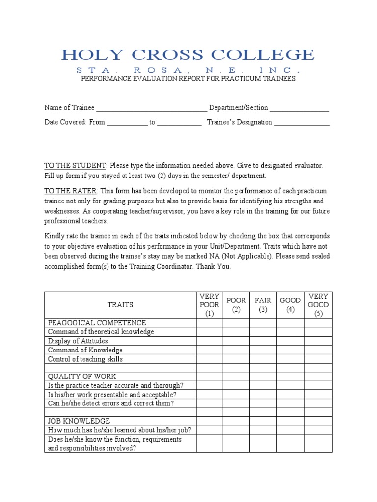 Performance Evaluation Report For Practicum Trainees | PDF ...
