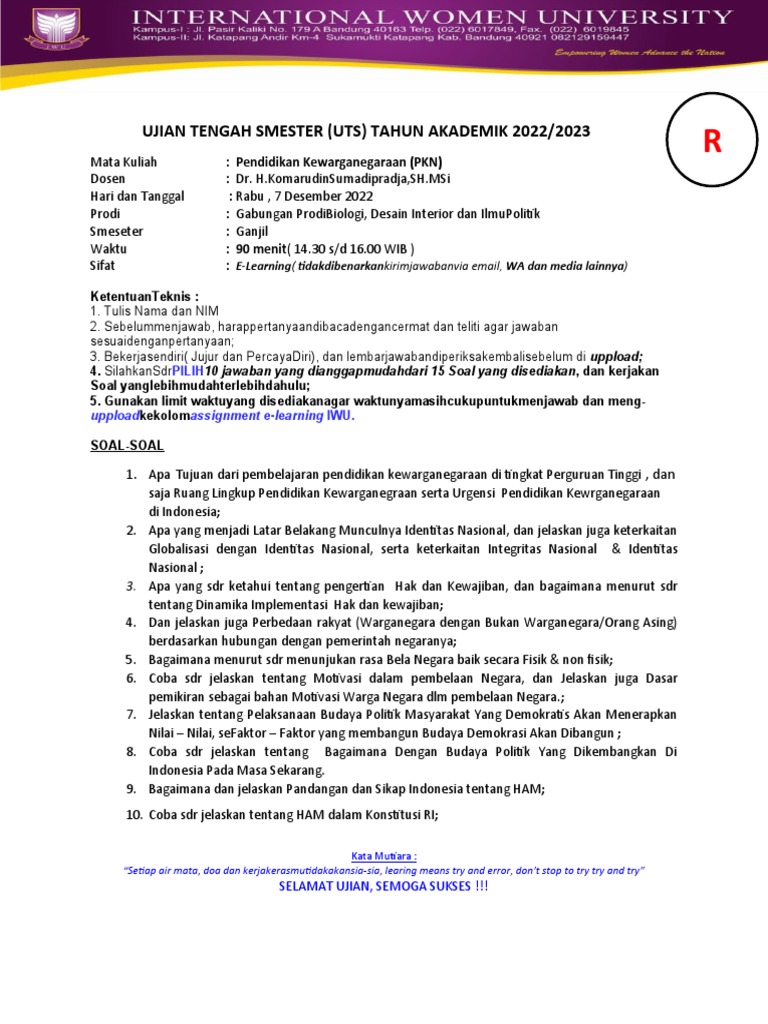 Ujian Tengah Smester (Uts) Pendidikan Kewarganegaraan Ta. 20222023 | PDF