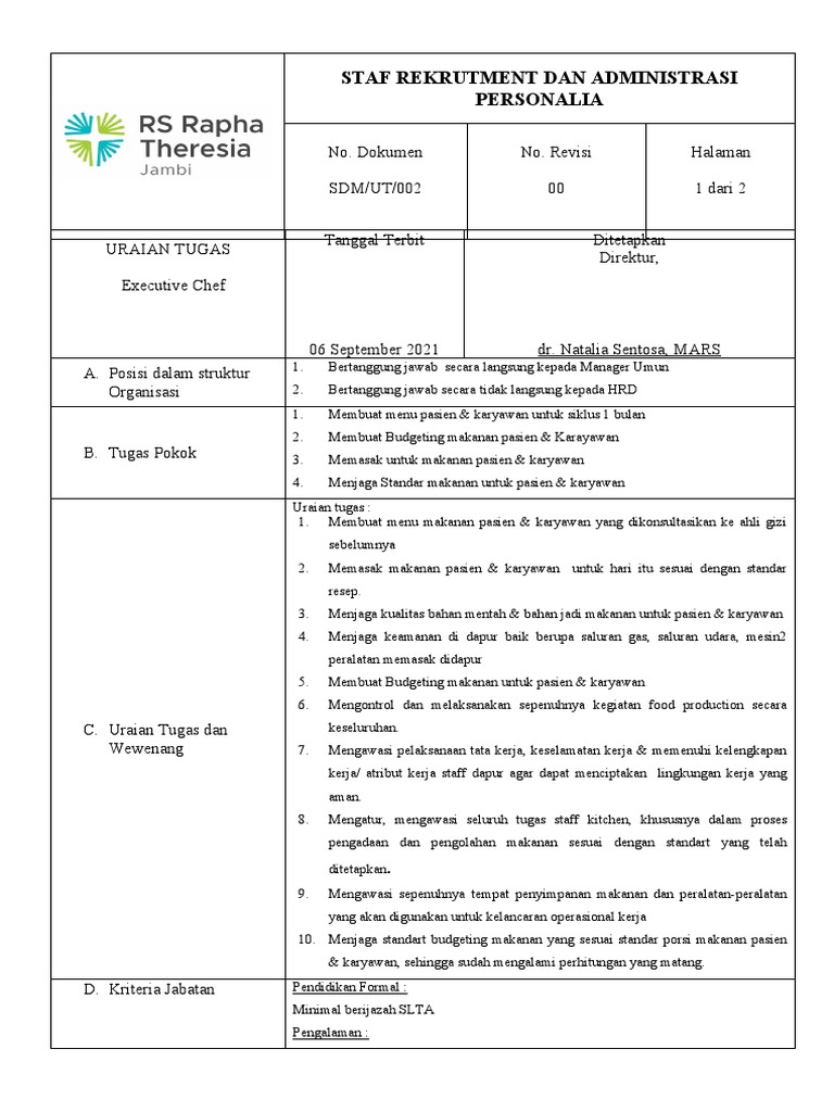 Jobdesk Executive Chef | PDF