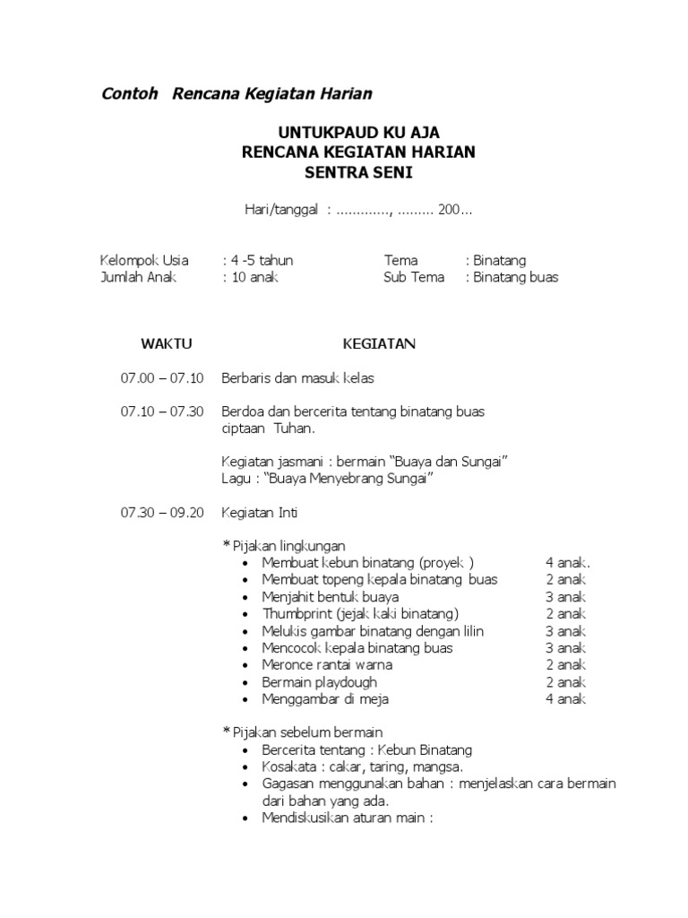 Contoh Rencana Kegiatan Harian Untukpaud Ku Aja Rencana Kegiatan Harian ...