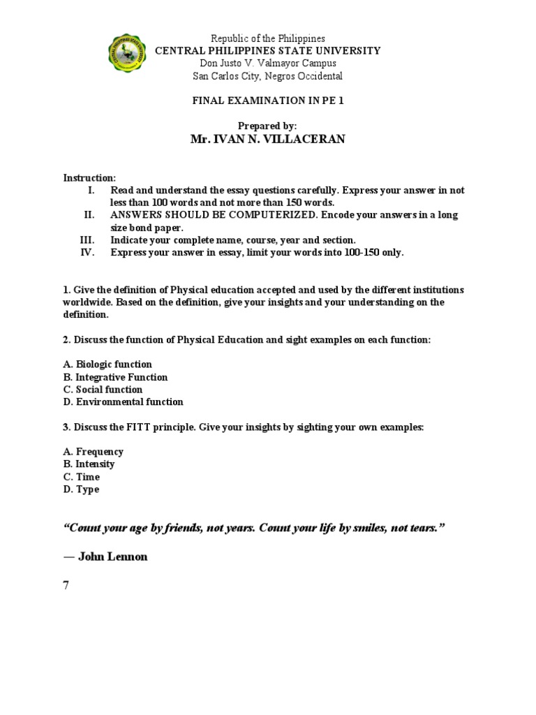 PE 1 Final Exam Instructions | PDF | Physical Education | Aerobic Exercise