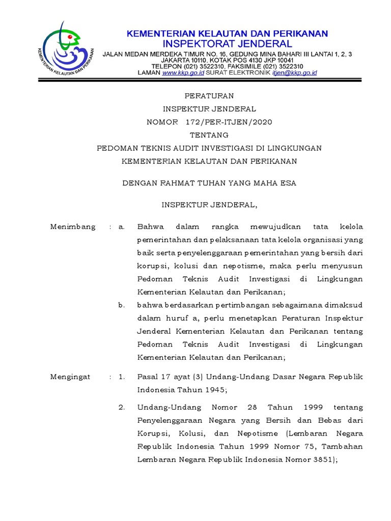 Per Irjen No.172 Tahun 2020 Tentang Pedoman Teknis Audit Investigasi | PDF