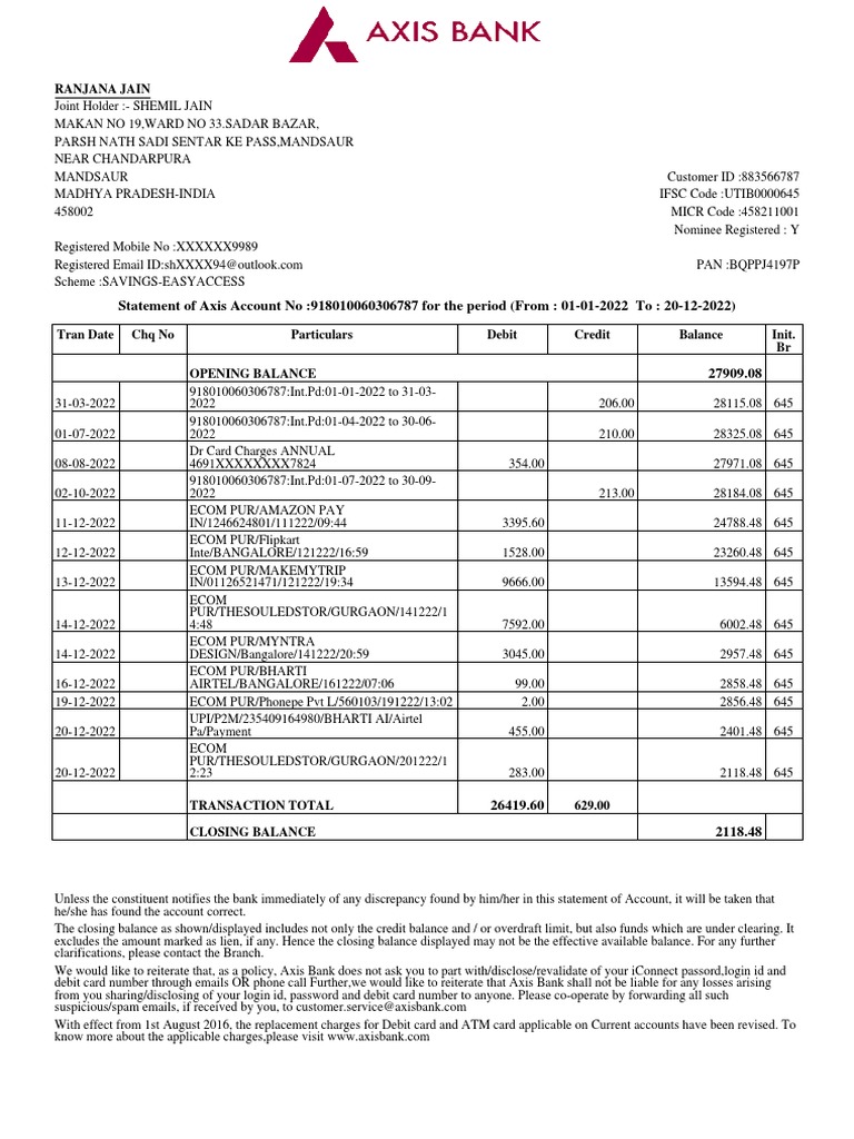 Statement of Axis Account No:918010060306787 For The Period (From: 01-01-2022 To: 20-12-2022 ...