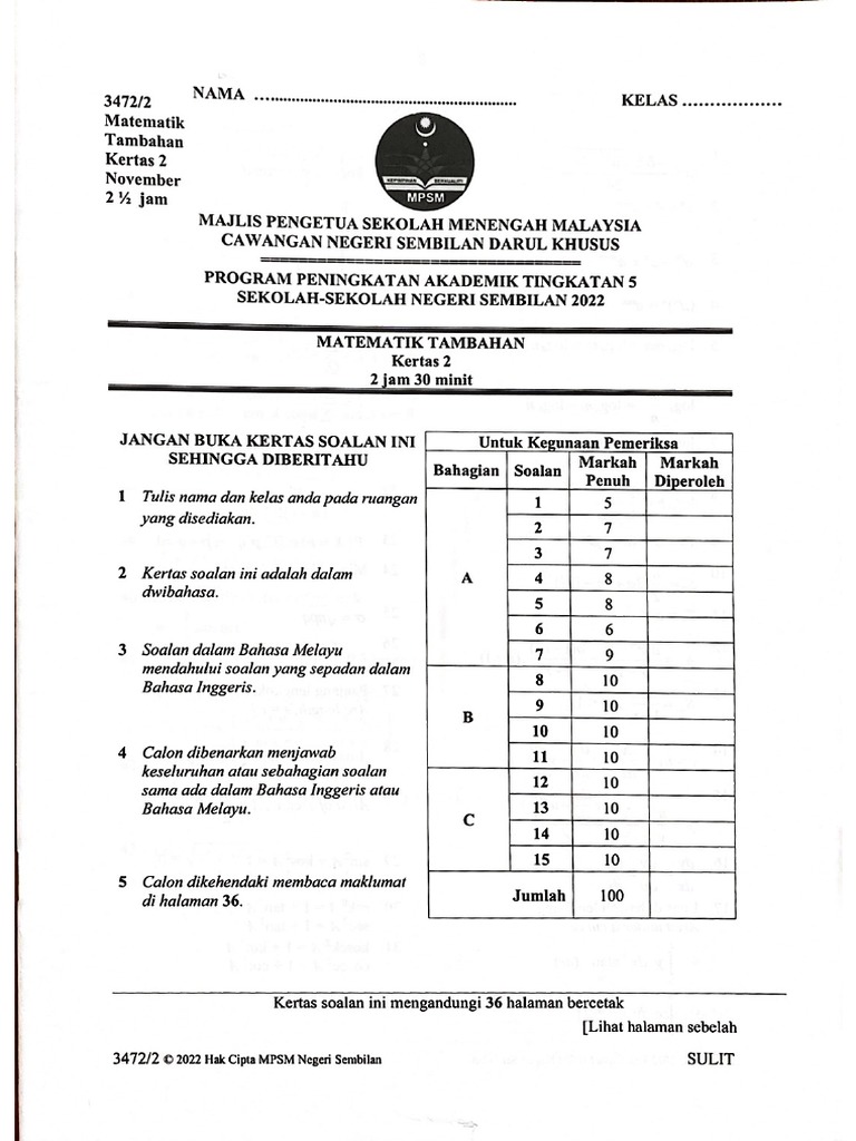 Kertas 2 Trial Add Math NS | PDF