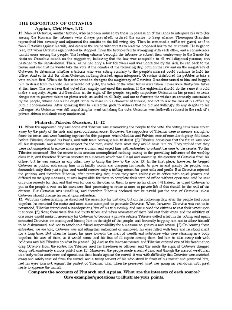 Appian and Plutarch On The Deposition of Octavius | PDF | Augustus ...