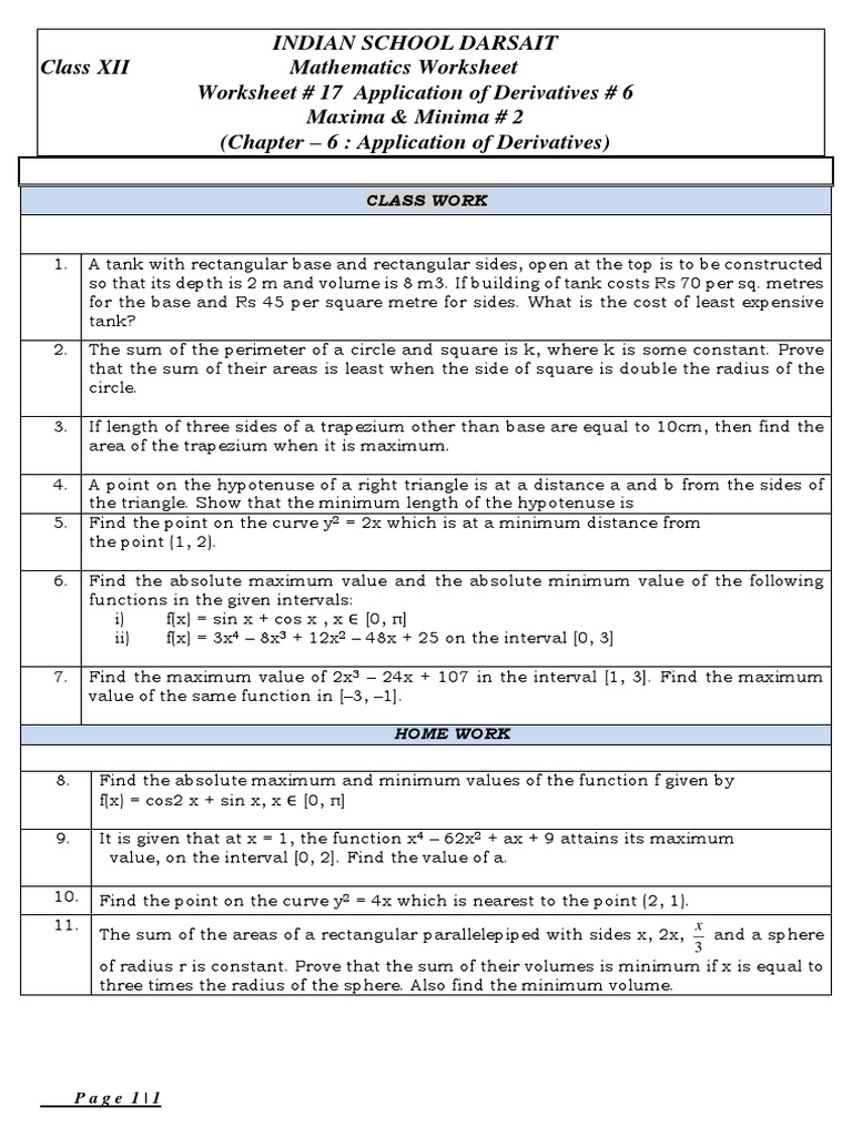 Worksheet 17 Applications of Differentiation 6 | PDF | Maxima And ...