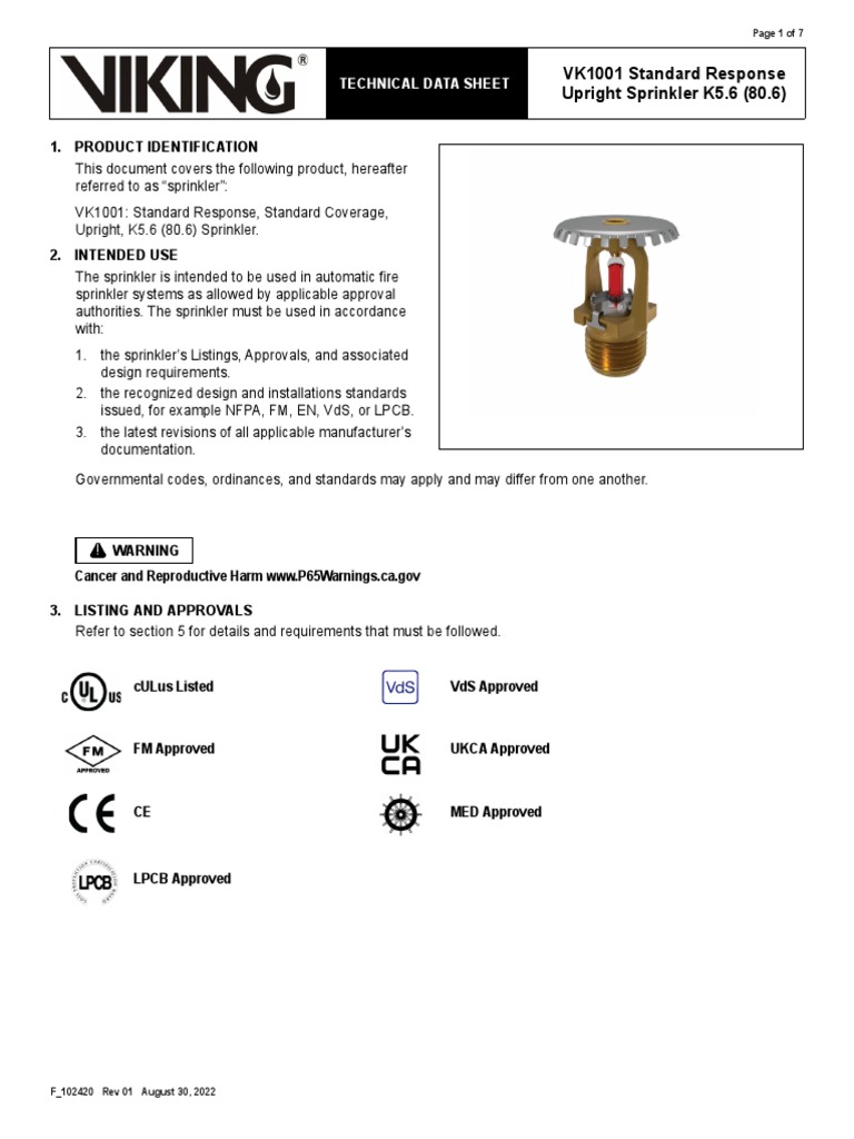 VK1001 Standard Response Sprinkler Data | PDF | Fire Sprinkler System ...